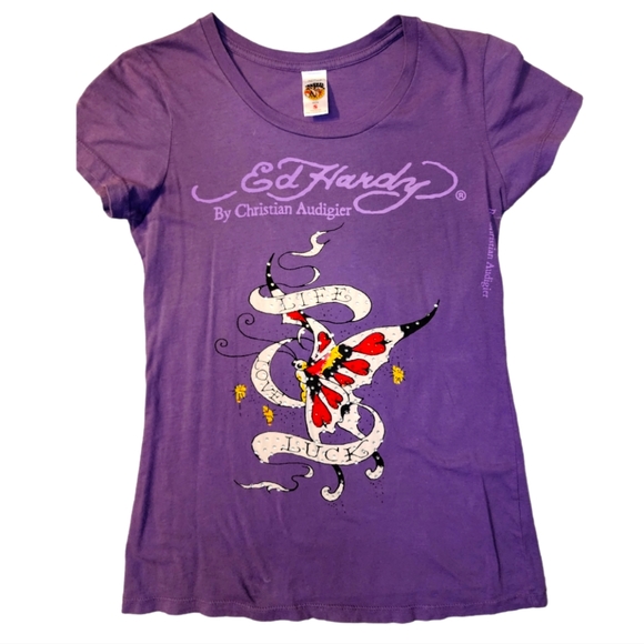Ed Hardy | Tops | Ed Hardy By Christian Audigier Embellished Purple T ...